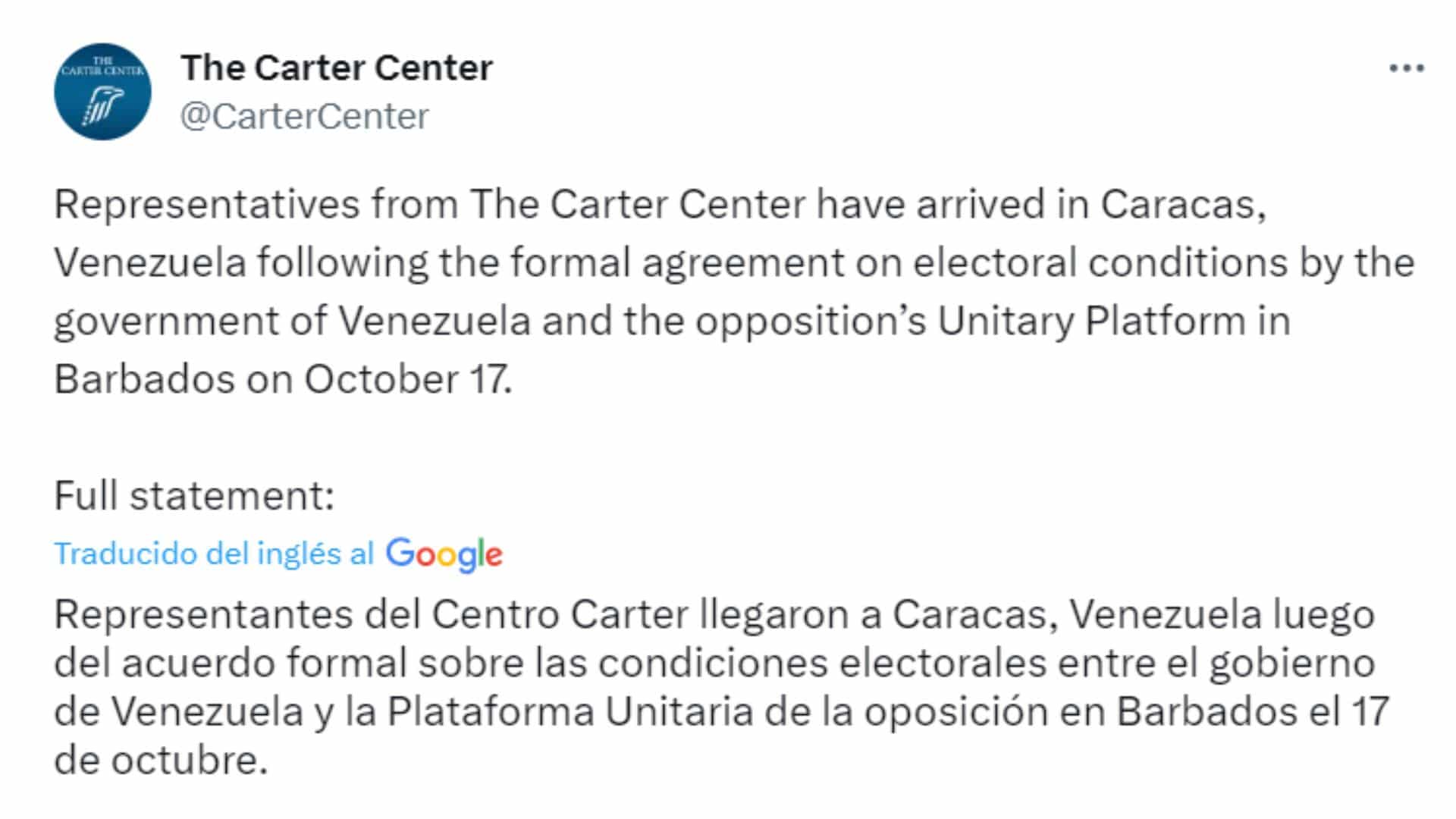 Representantes del Centro Carter llegaron a Venezuela: lo que se sabe ...