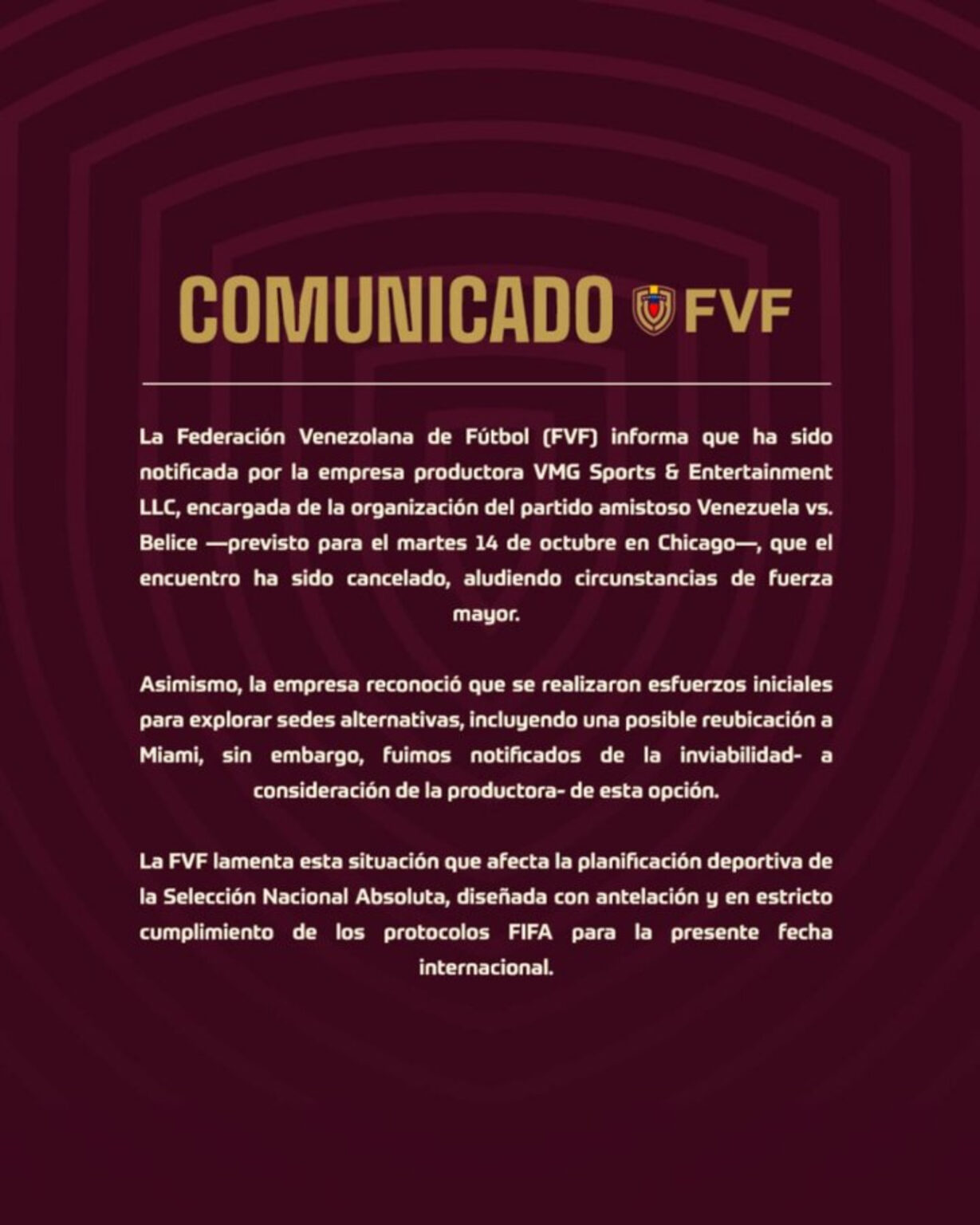 FVF anunció la cancelación del amistoso entre Venezuela y Belice por ...